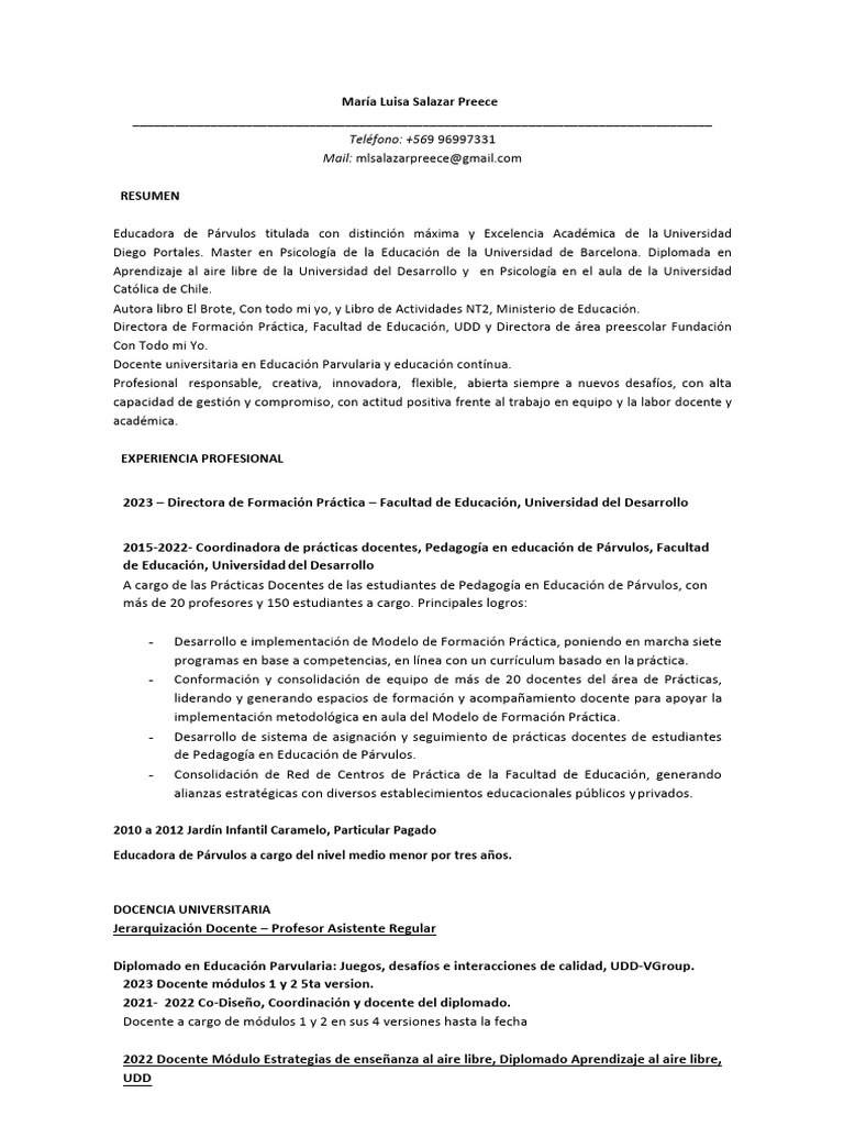 CV María Luisa Salazar Preece - Junio 2023 | PDF | Educación de la primera infancia | Maestros