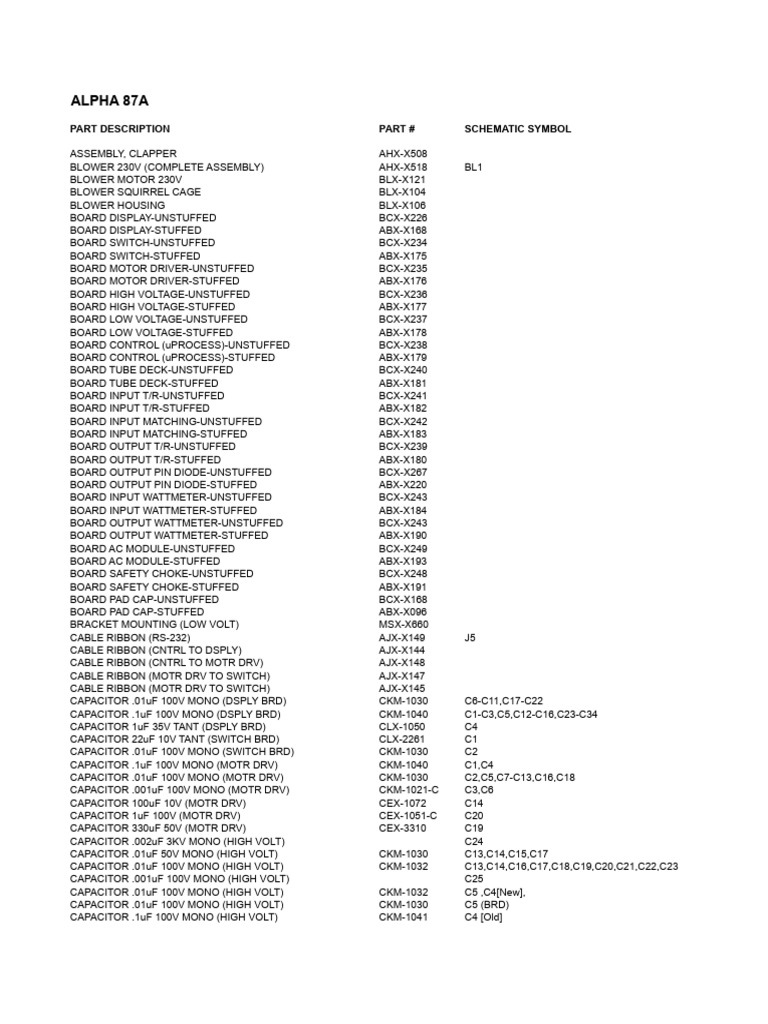 Parts List - Alpha 87a | Download Free PDF | Manufactured Goods | Electrical Engineering