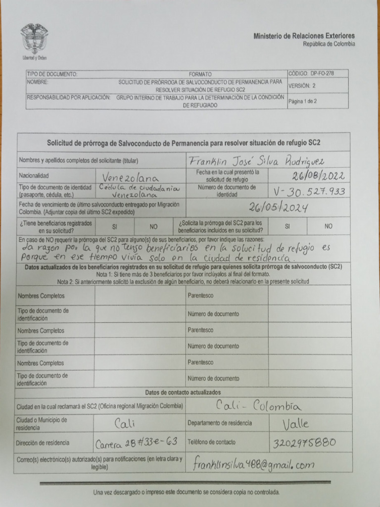 DP-FO-278 Solicitud de Prórroga de Salvoconducto para Refugiado SC2 | PDF