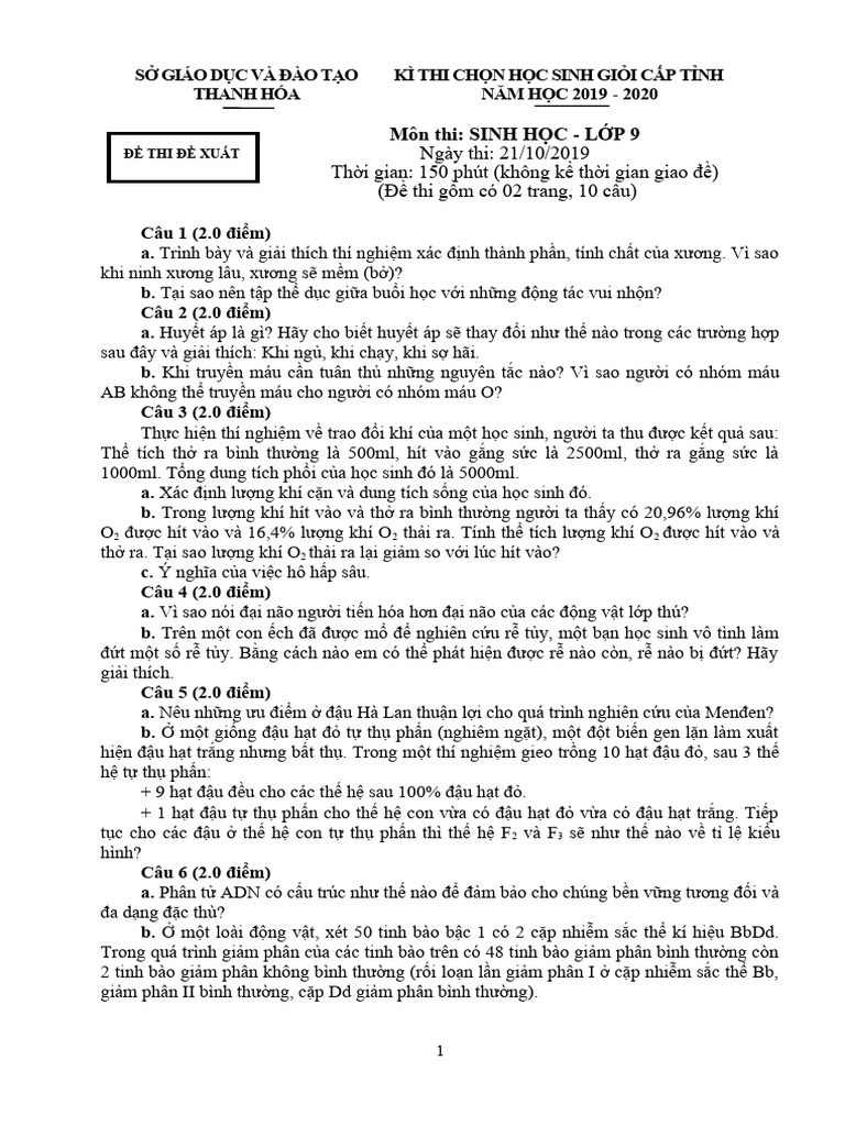 9 Deda HSG Tinh Mon Sinh Hoc 9 Tinh Thanh Hoa Nam Hoc 20192020 | PDF