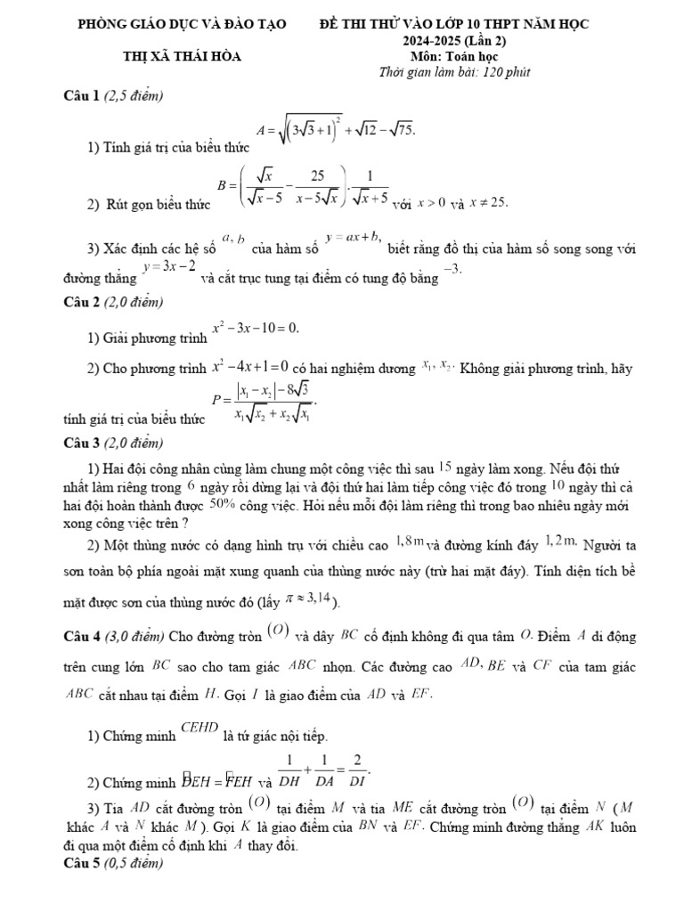 De Thi Thu Toan Vao Lop 10 Lan 2 Nam 2024 2025 Phong GDDT Thai Hoa Nghe An | PDF