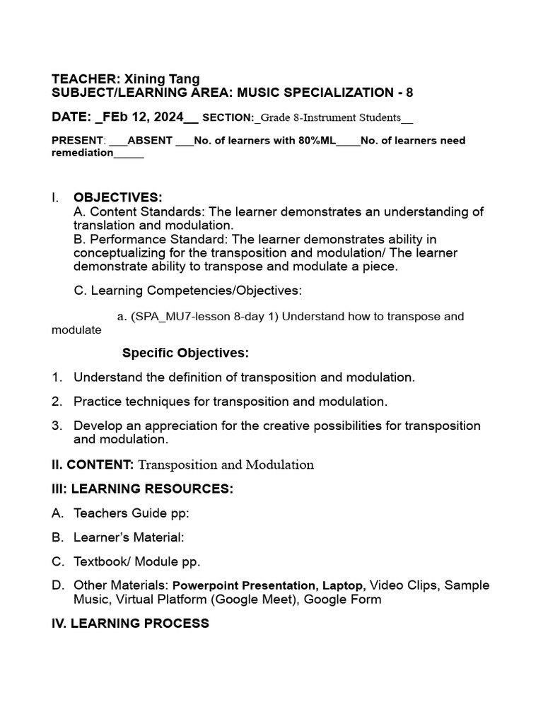 Lesson Plan-Transposition and Modulation | PDF | Learning | Teachers