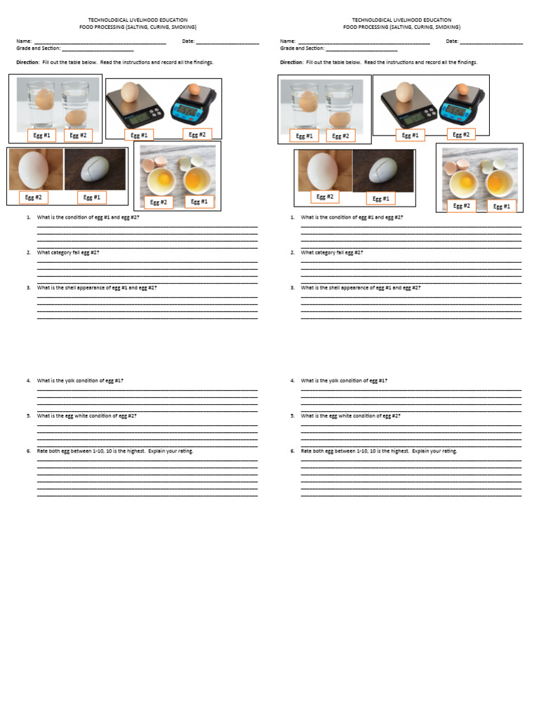 Grade 7 Activity Egg FOOD PROCESSING SALTING CURING SMOKING | PDF | Egg ...