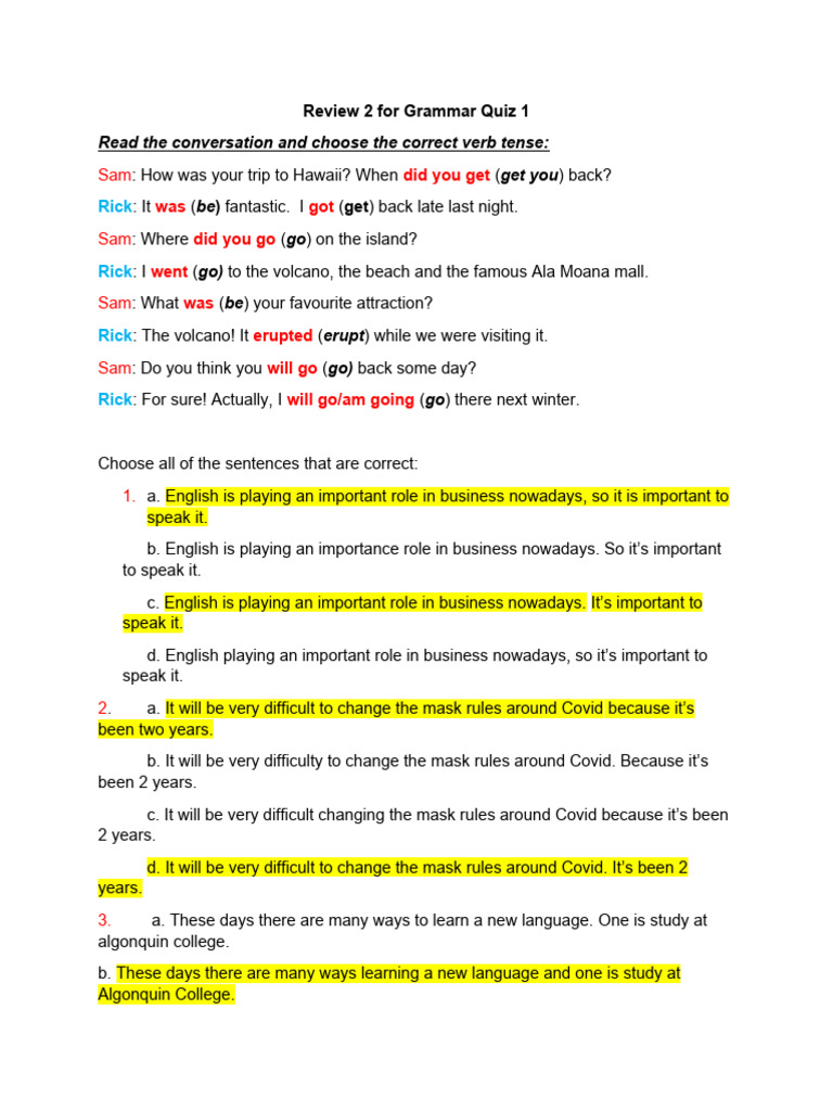 Answer Key, Review 2 For Grammar Quiz 1 | PDF | Human Communication ...