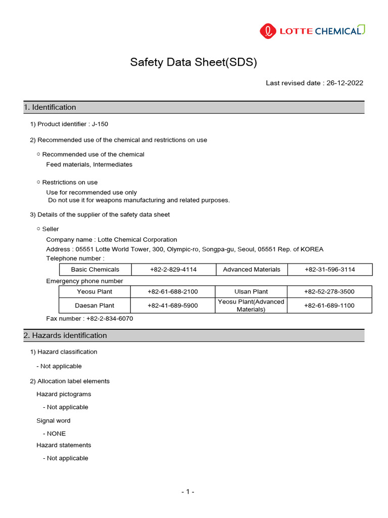 MSDS J-150 Eng 240419 | PDF | Toxicity | Dangerous Goods