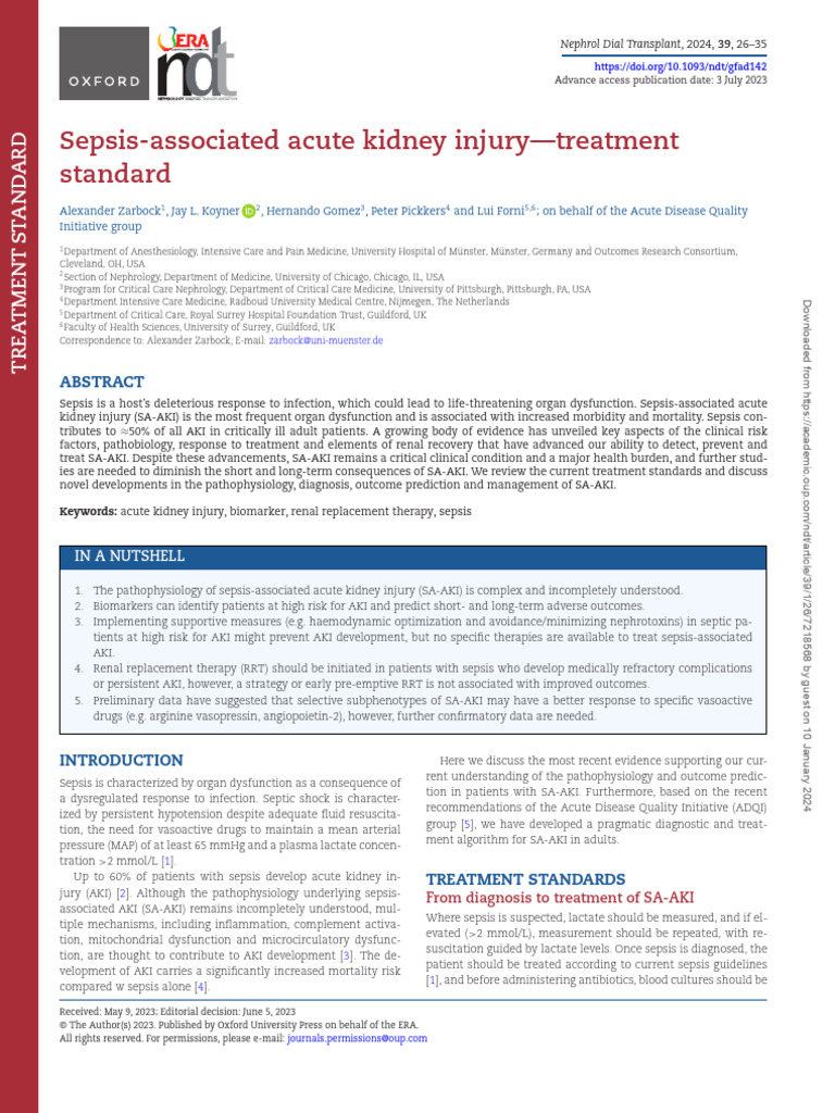 NDT - Sepsis-Associated Acute Kidney Injury Treatment Standard | PDF ...