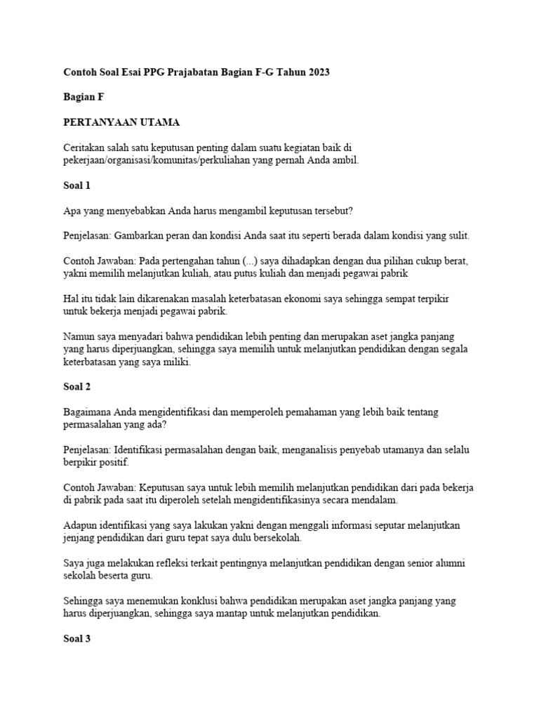 Contoh Soal Esai PPG Prajabatan Bagian F-G | PDF