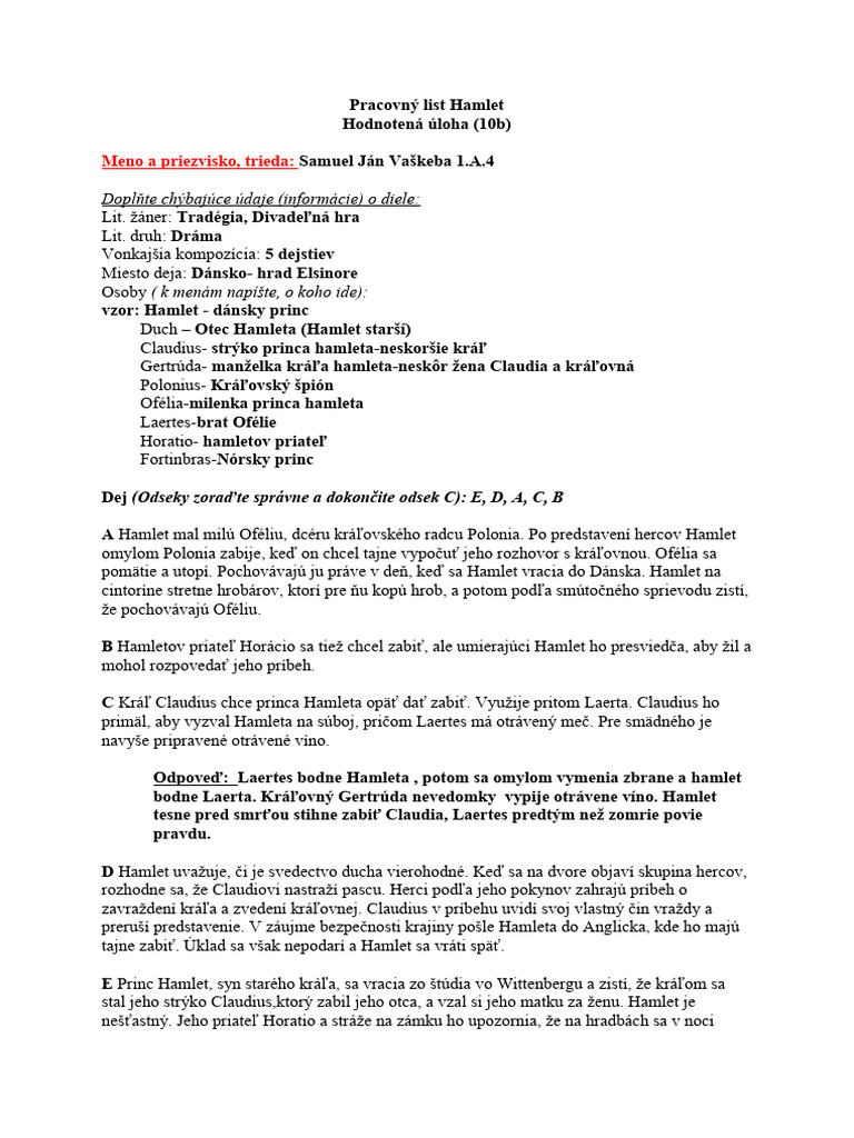 Pracovný List Hamlet | PDF