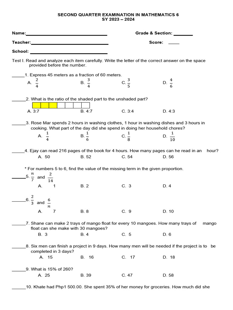 MATH 6 Quarter 2 Examination | PDF | Numbers | Arithmetic