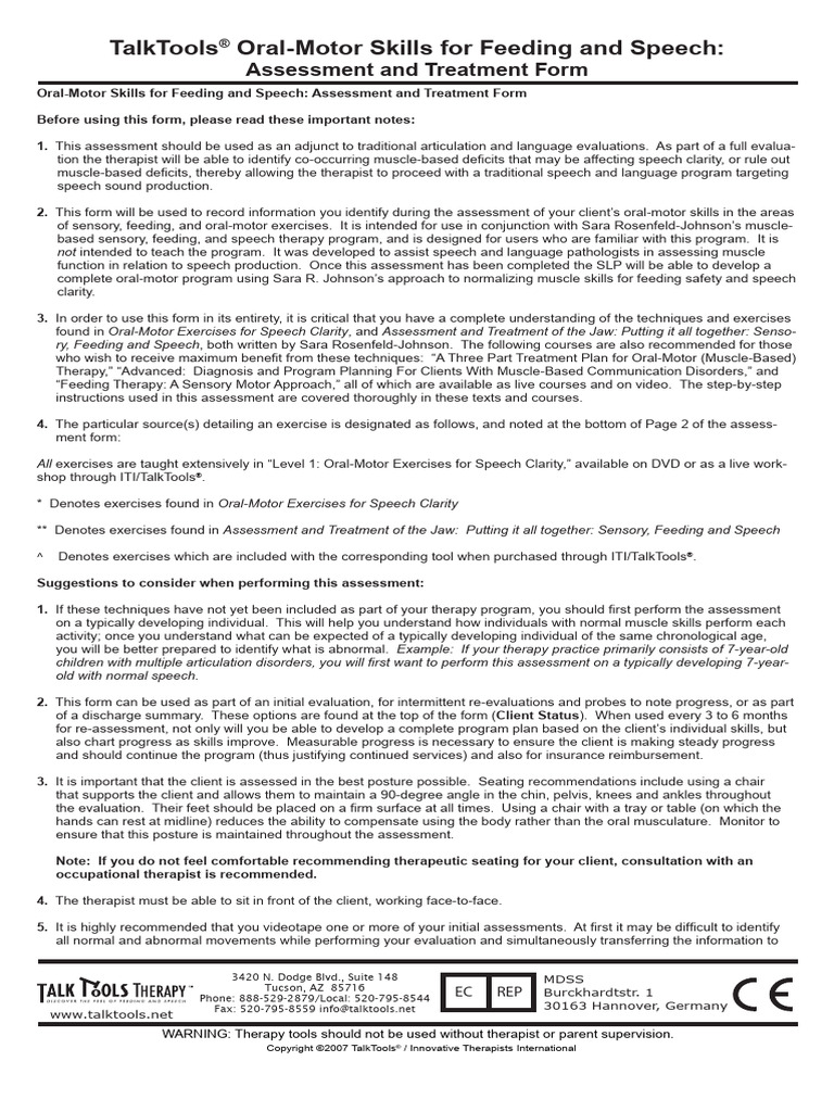 Oral-Motor Skills Assessment Form Instructions | Download Free PDF | Speech