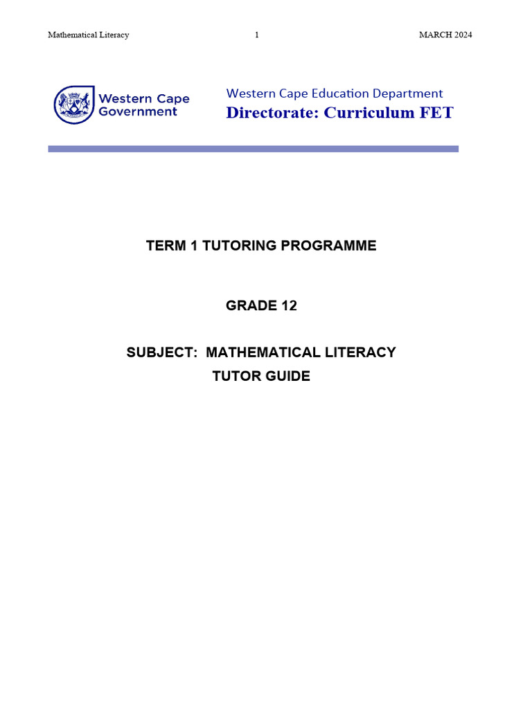 Mathematical Literacy Tutor Guide | PDF | Learning | Literacy