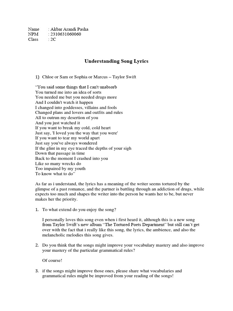 Understanding Song Lyrics - Akbar Arandi Pasha | PDF | Language Arts ...