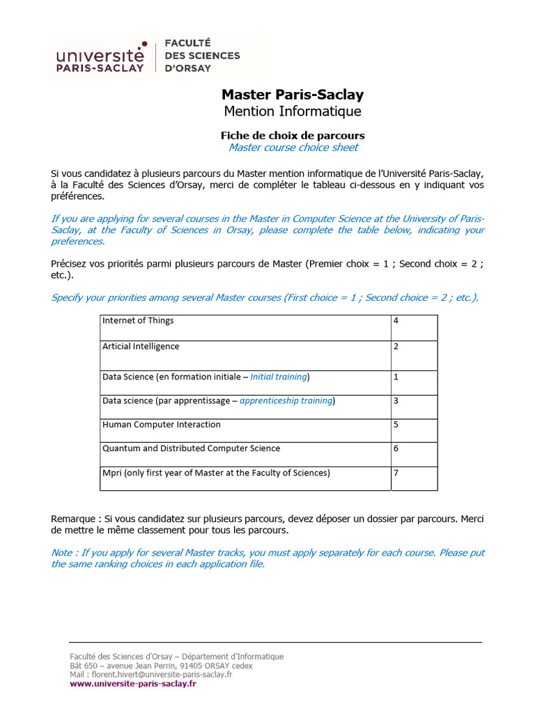 Fiche de choix M1 Informatique Paris-Saclay | PDF