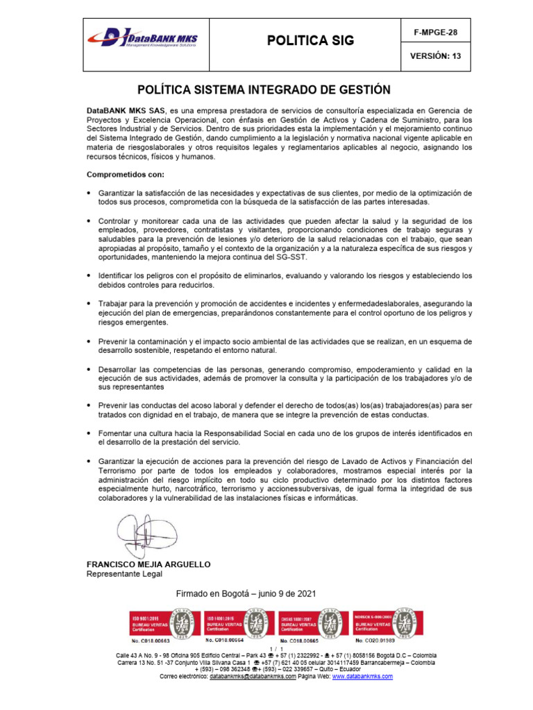 Política de Gestión Integral DataBANK MKS | PDF | Desarrollo sostenible | Economias