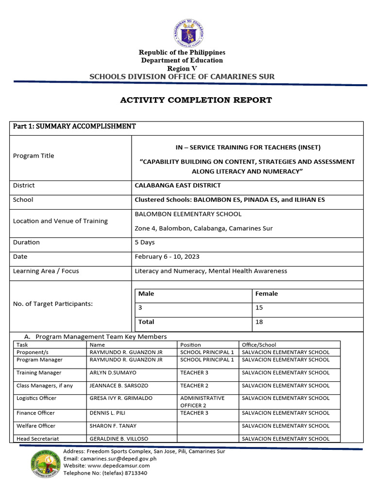 2023 SDO CamSur Mid-Year INSET Program Completion Report | PDF ...