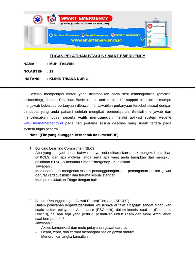 Tugas Ke-1 BTCLS Smart Emergency | PDF | Sains & Matematika