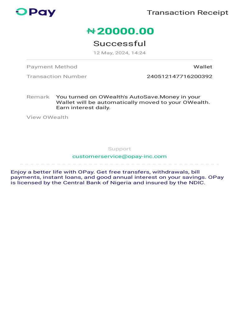 OPay AutoSave Activation Confirmation | PDF