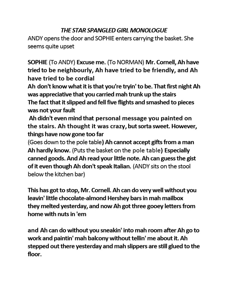 The Star Spangled Girl Monologue | PDF