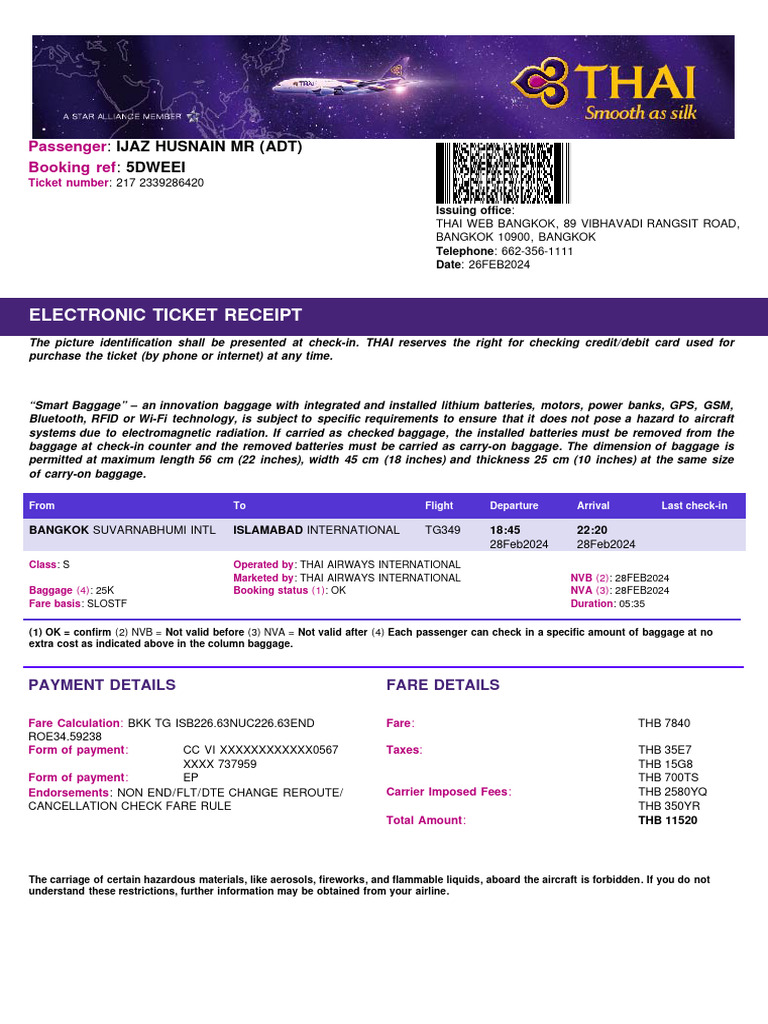 Your Electronic Ticket-EMD Receipt (3) Athai Airways E Ticket | PDF ...