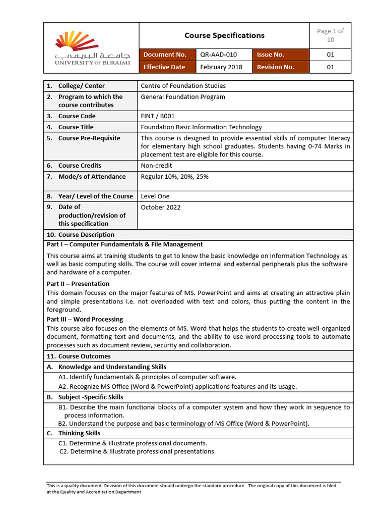 Course Specifications - FINTB 001 AY Fall 23-24 | PDF | Microsoft Power ...