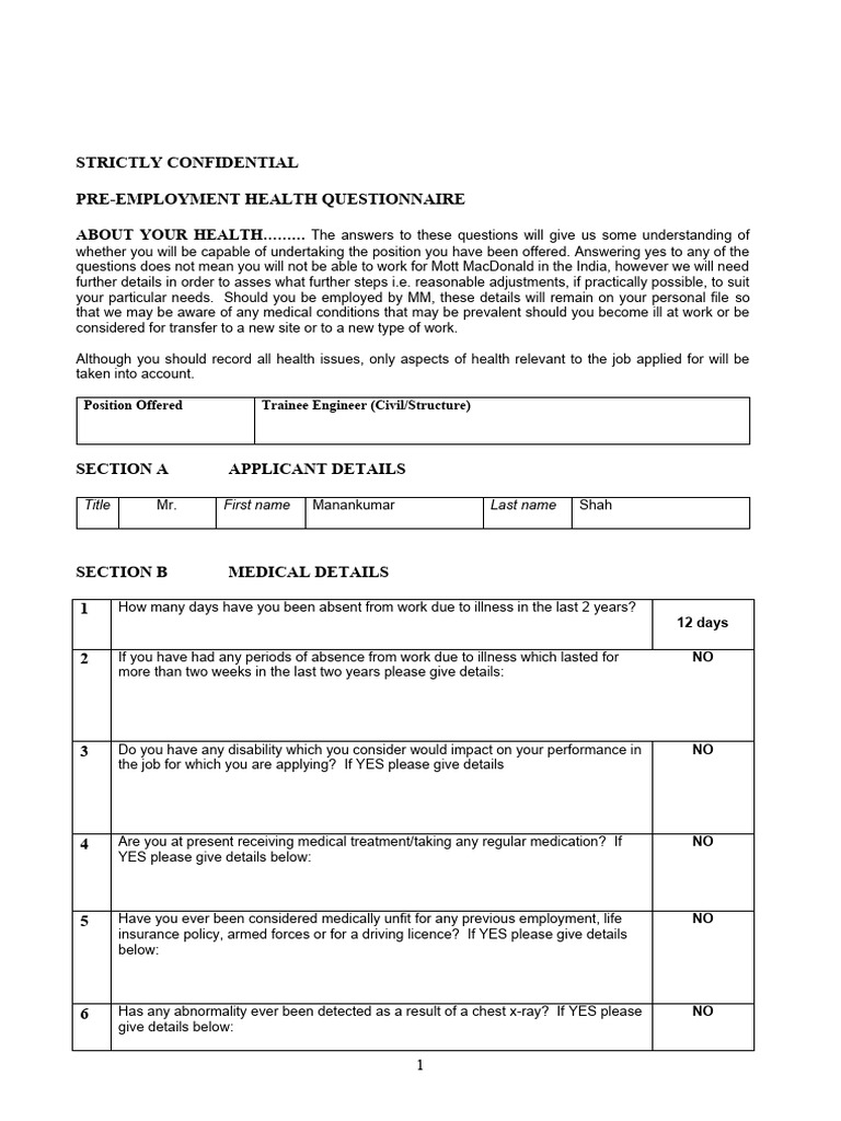 Pre-Employment Health Questionnaire | PDF | Dermatitis | Thorax