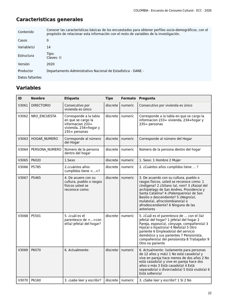 Diccionario de Variables | PDF