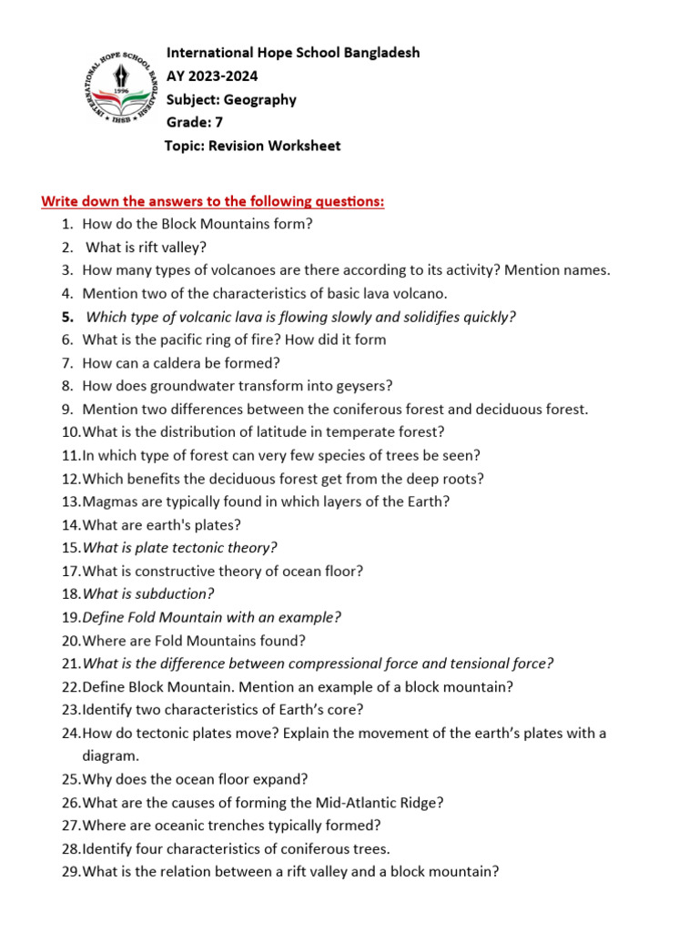 Geo 7 Revision Worksheet | PDF | Volcano | Plate Tectonics