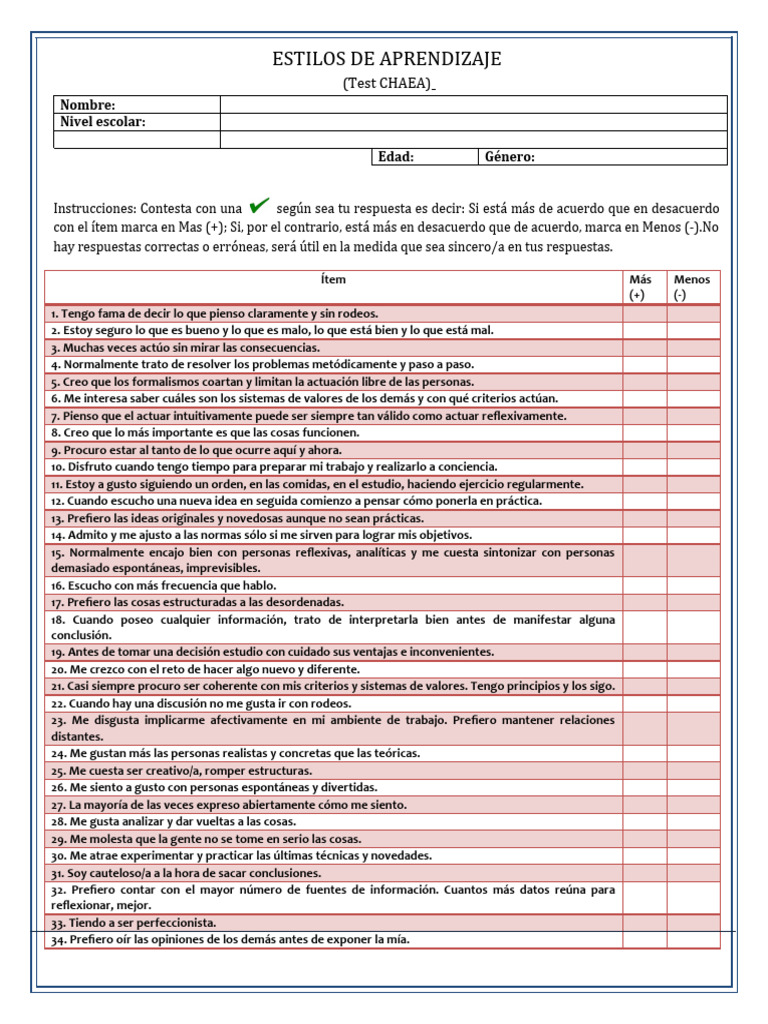 ESTILOS DE APRENDIZAJE (Test CHAEA) | PDF