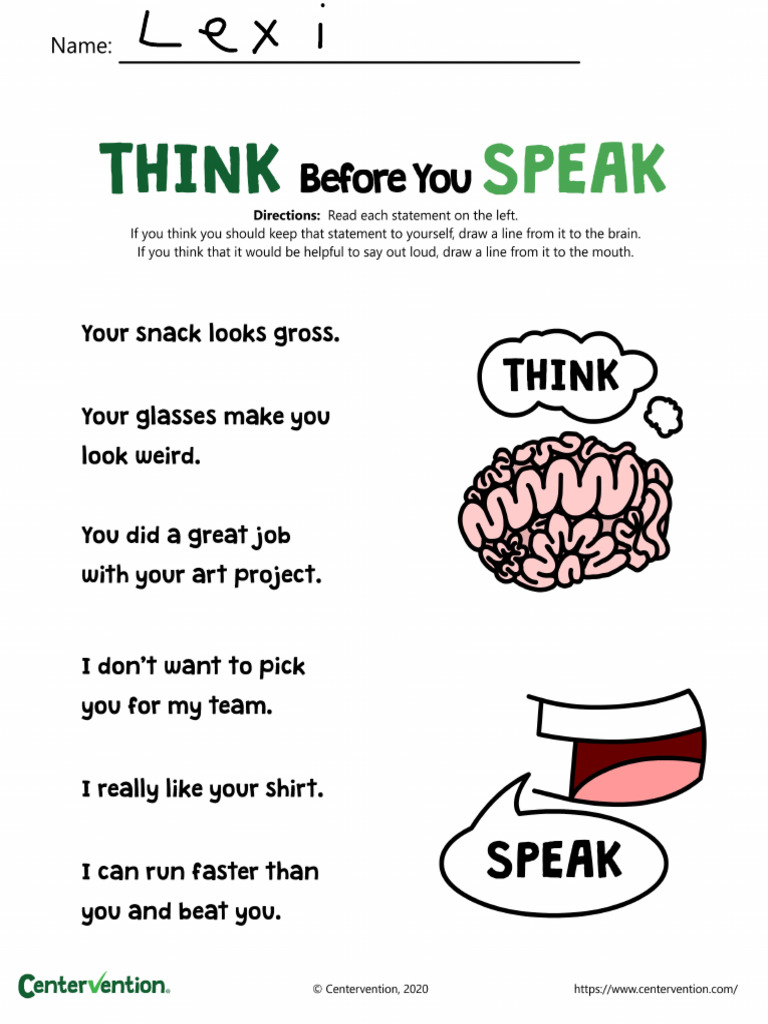 Think Before You Speak Worksheet | PDF