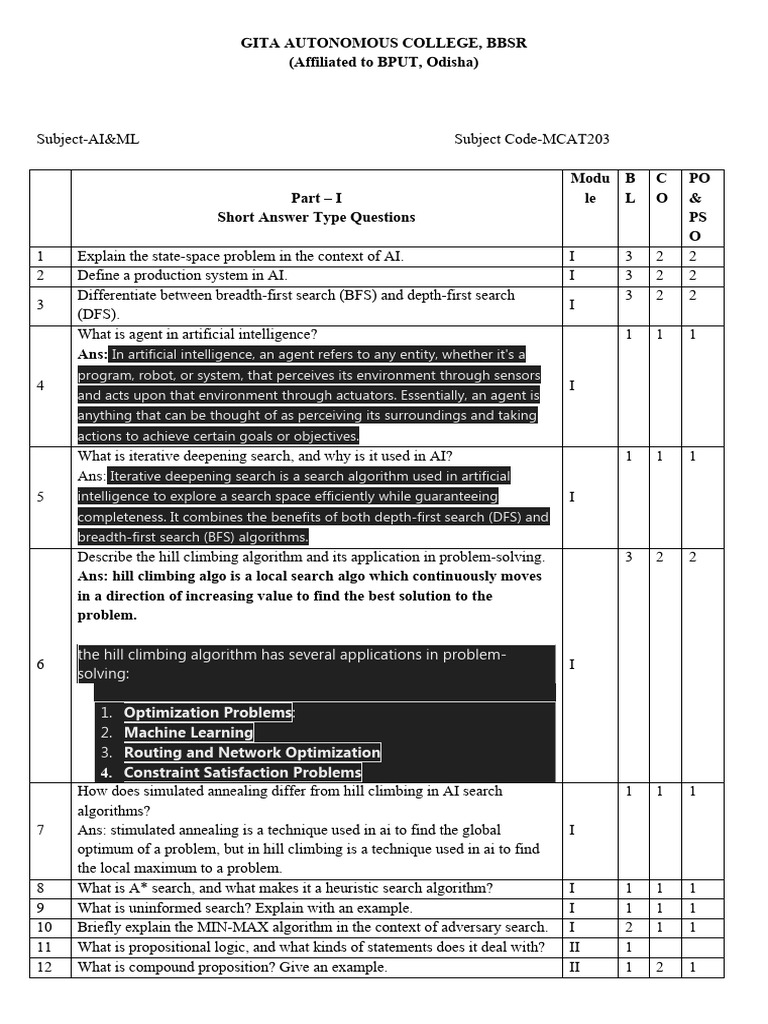 Ai&ml Question Bank Answers | PDF | Support Vector Machine | Machine Learning
