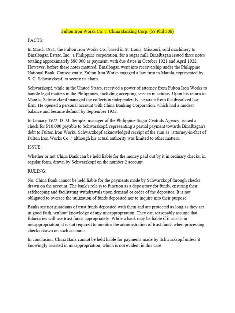 Fulton Iron Works Co. v. China Banking Corp. (58 Phil 206) | PDF