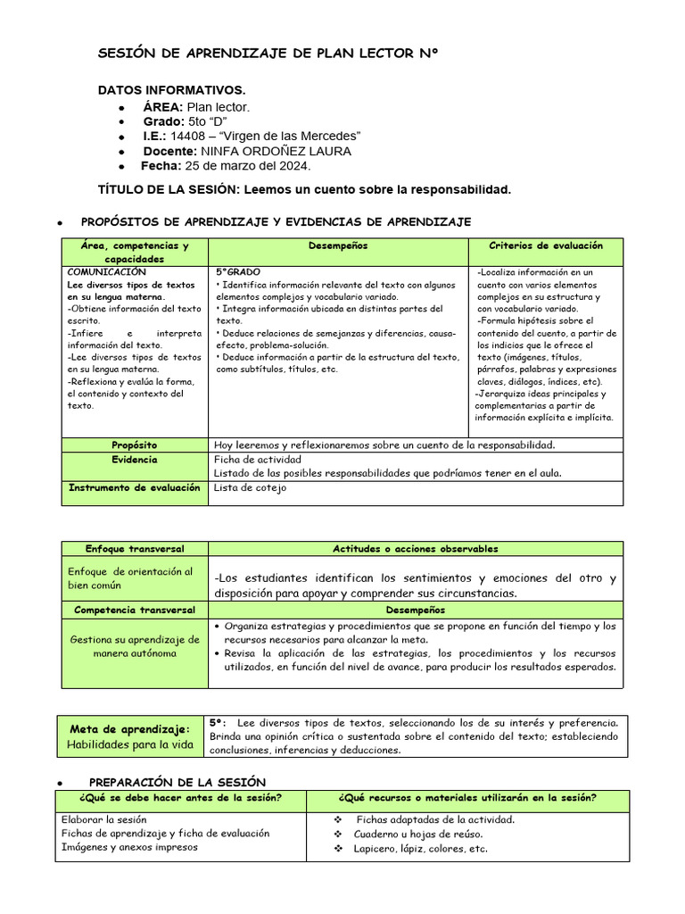 Leemos Un Cuento Sobre La Responsabilidad Pdf Evaluación Aprendizaje