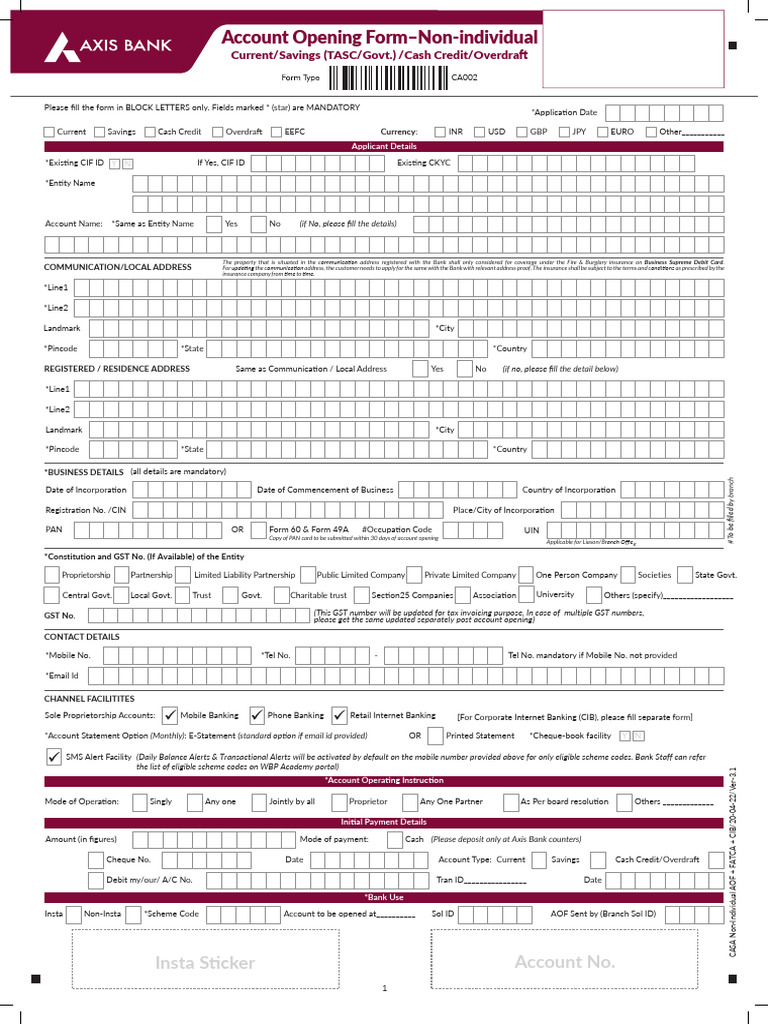 Non-Individual Account Opening Form | PDF | Banks | Cheque