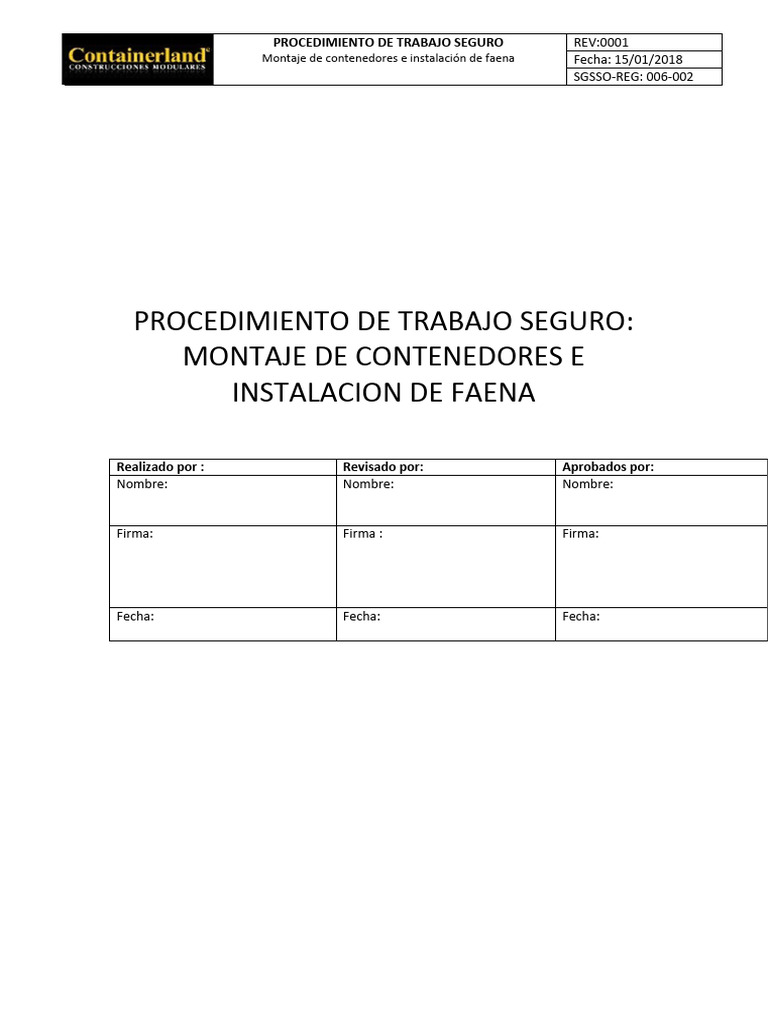 2-Procedimiento de Trabajo Seguro Montaje de Contenedores e Instalacion de Faena | PDF ...