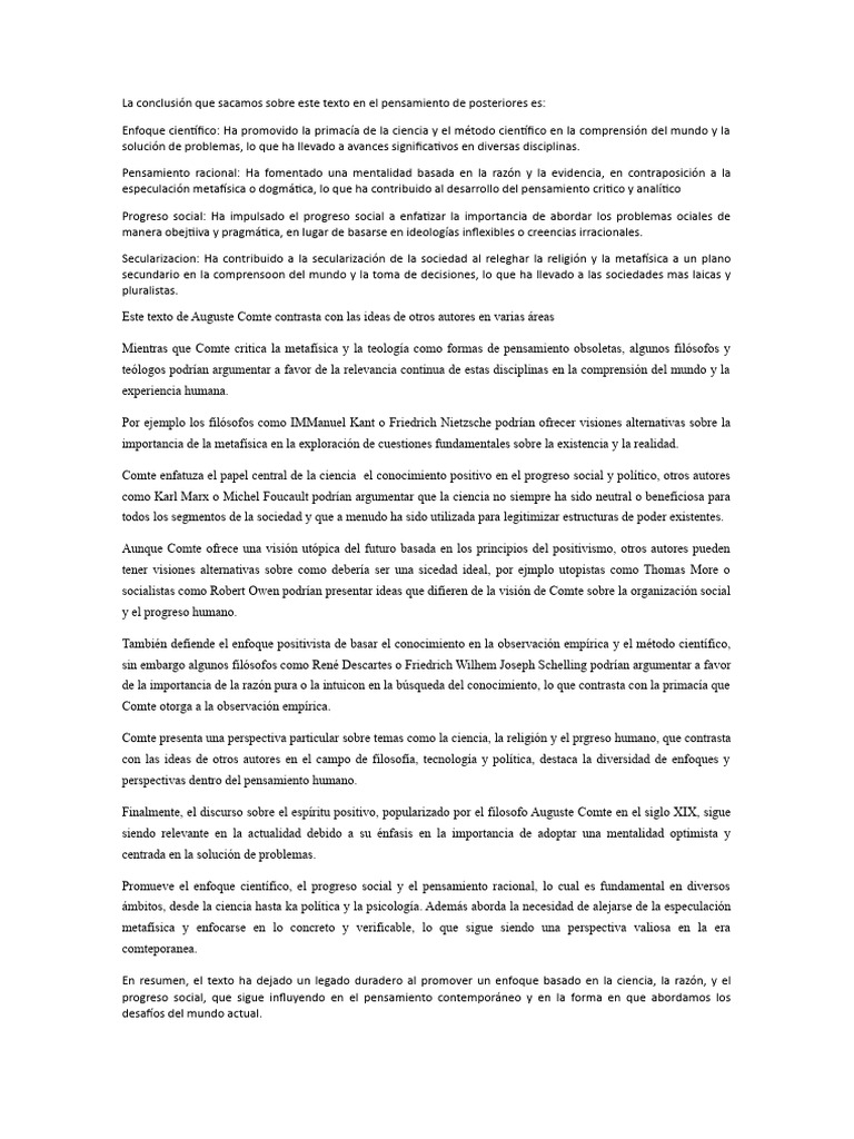 Conclusiones del Positivismo de Comte | PDF | Positivismo | Metafísica