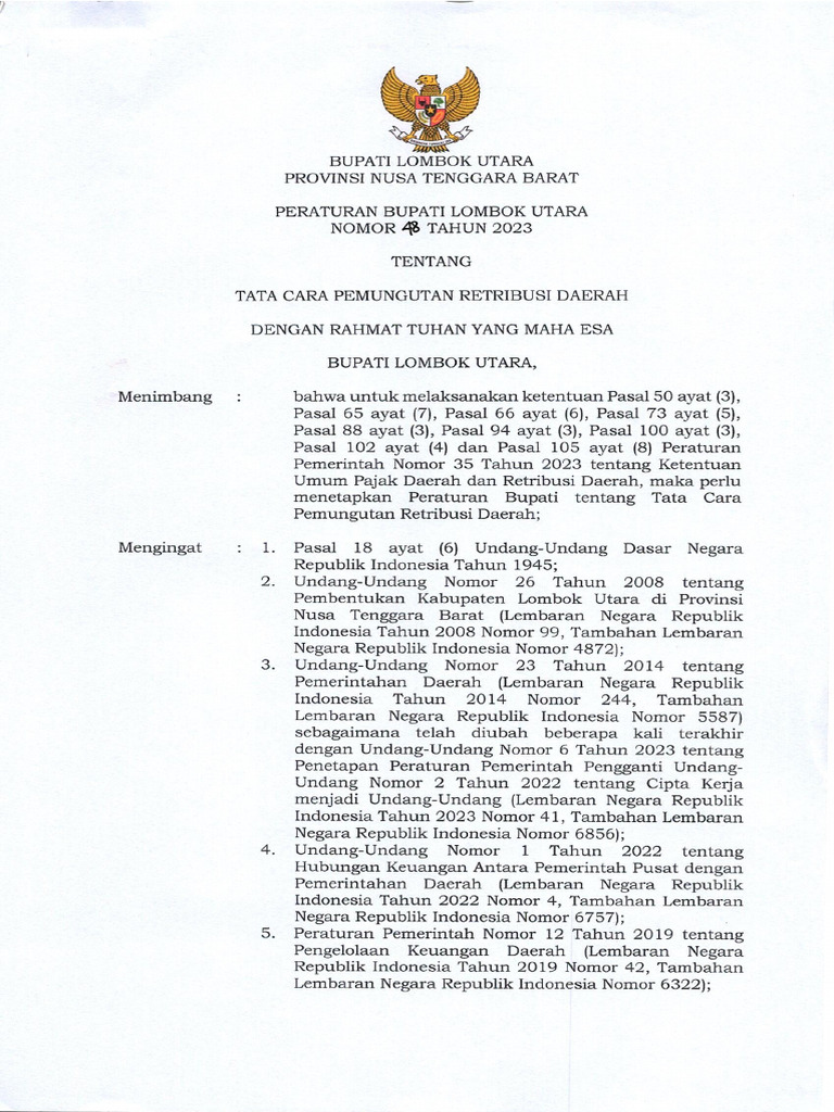 Perbup Nomor 48 Tahun 2023 Tentang Tata Cara Pemungutan Retribusi ...