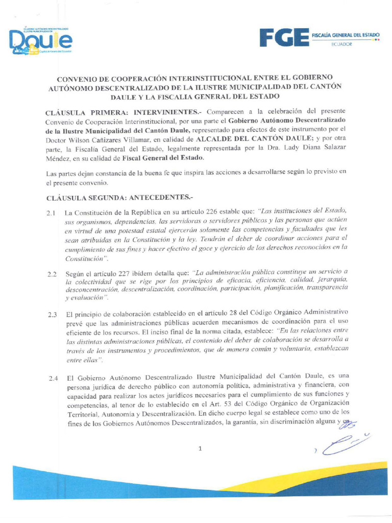 Convenio de Cooperacion Interinstitucional Entre El Gad Daule y La Fge | PDF