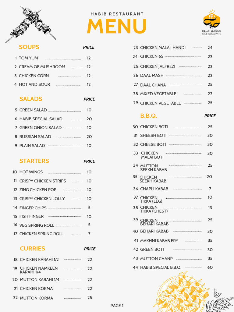 Habib Restaurant Menu Overview | PDF | Asian Cuisine | Food And Drink ...