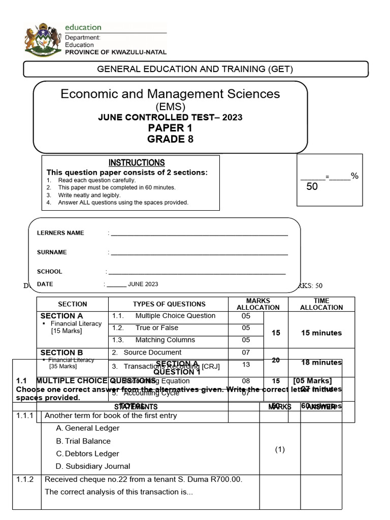 Ems p1 8 Question Paper Mid-Year Exam 2023 | PDF | Debits And Credits | Private Sector