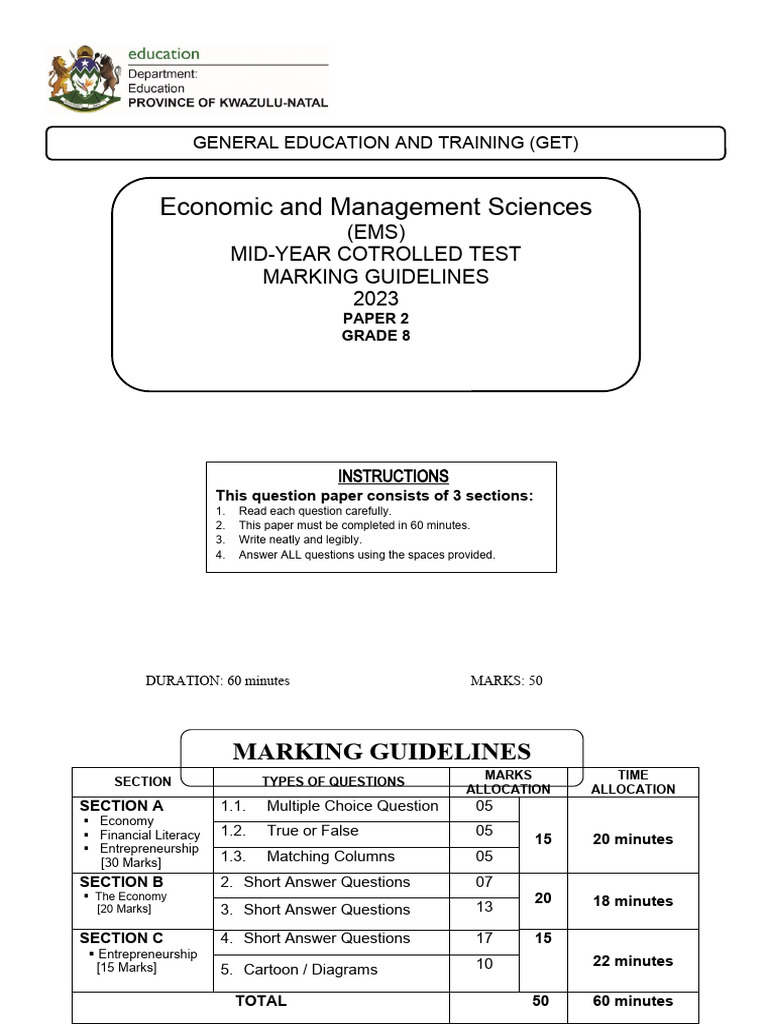 Marking 8 P2 Guidelines - EMS GRD 8 Mid-Year Exam 2023 | PDF | Labour Economics | Factors Of ...