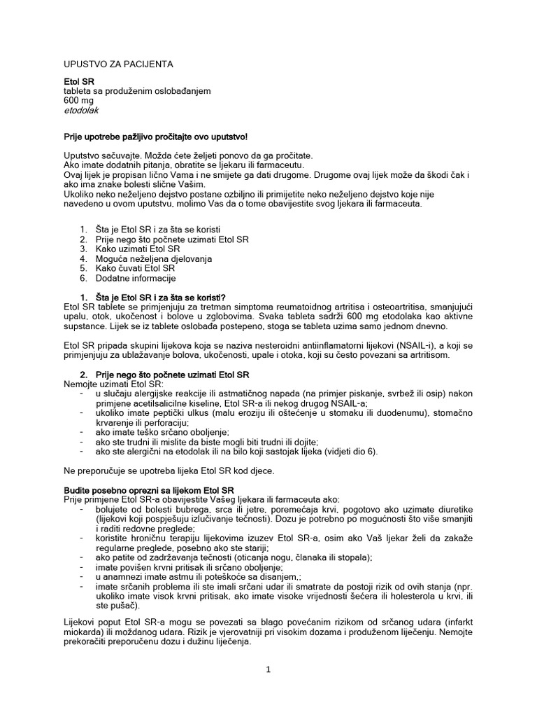 Etol SR 600mg 10 Tableta Medication Guide | PDF