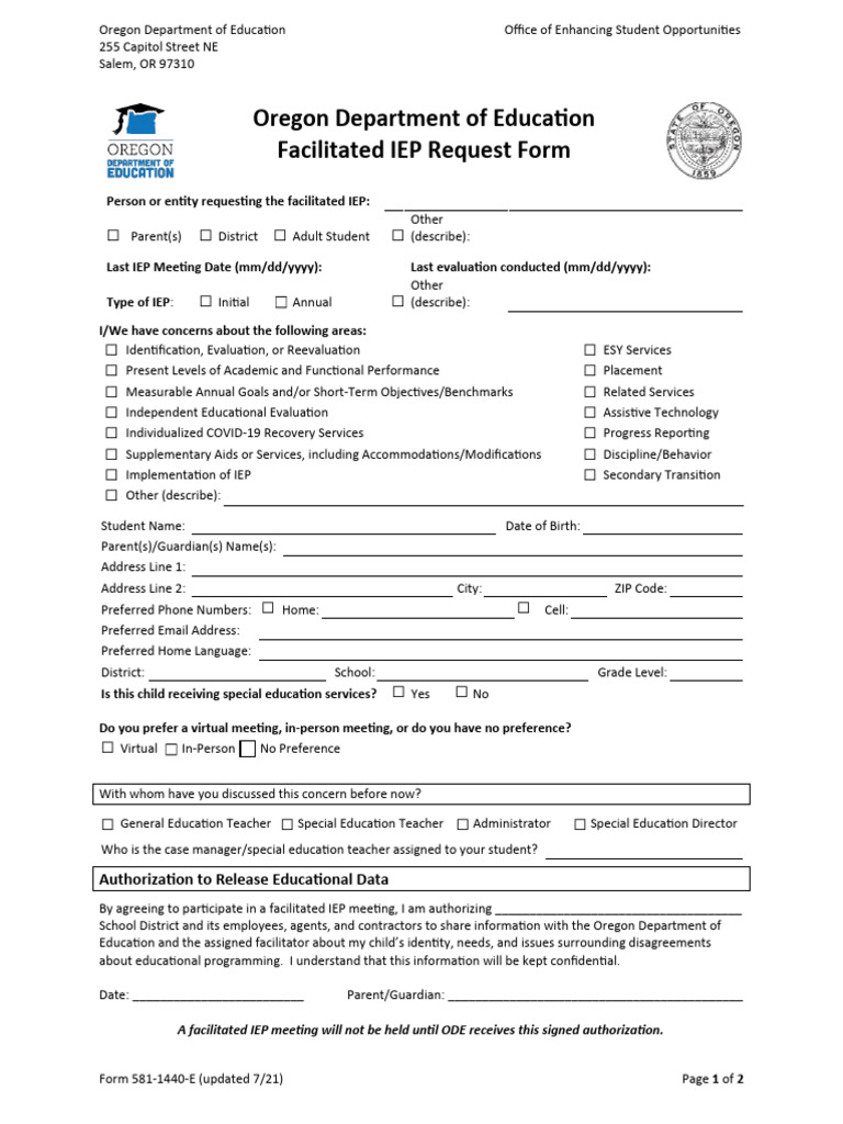 FIEP Request Form 1440-E | PDF | Individualized Education Program