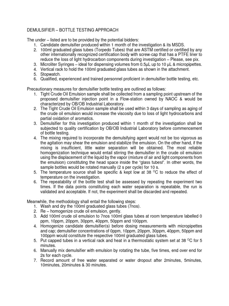 Demulsifier Bottle Testing Guide | PDF | Risk Assessment | Personal ...