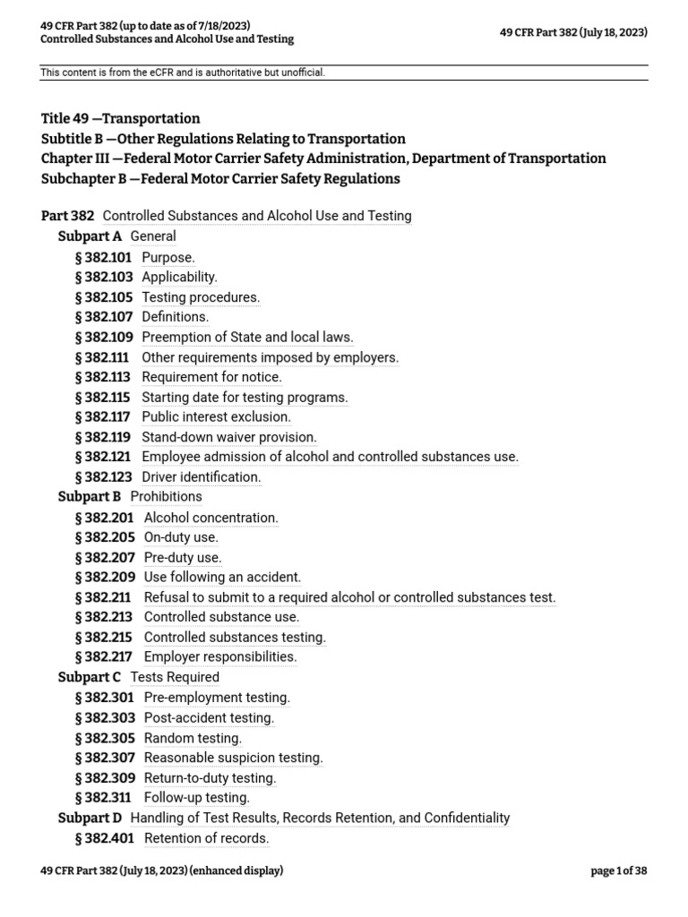49 CFR Part 382 CONTROLLED SUBSTANCES AND ALCOHOL USE AND TESTING | PDF ...