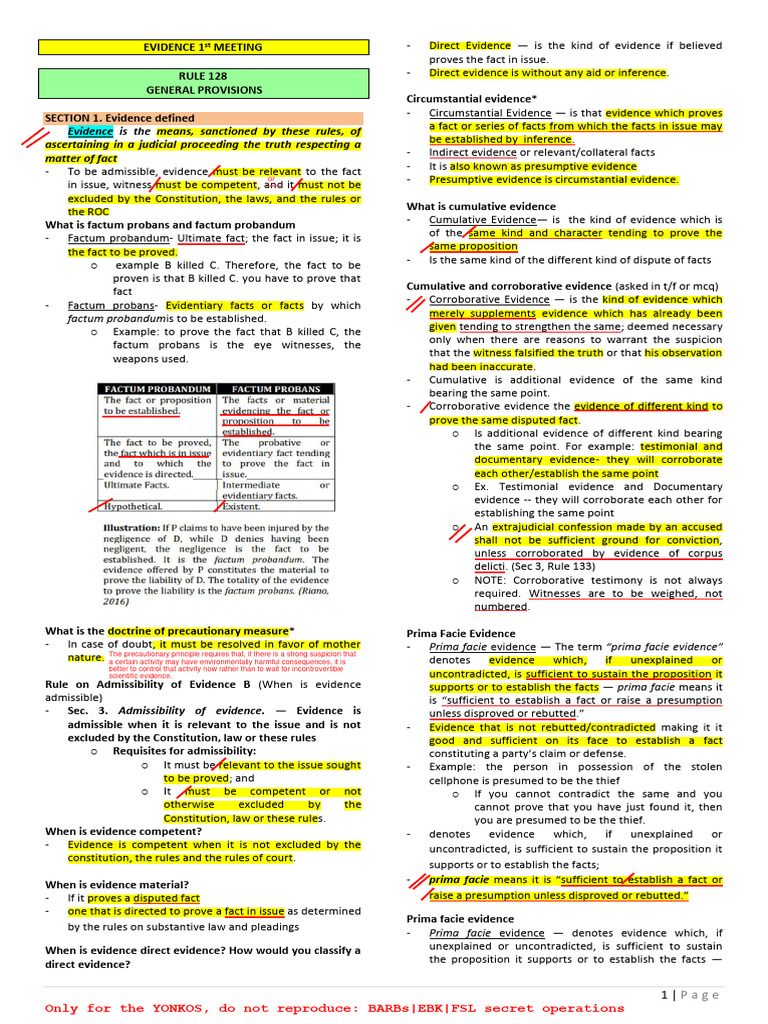 Evidence Final Yonko Notes | PDF | Burden Of Proof (Law) | Evidence (Law)