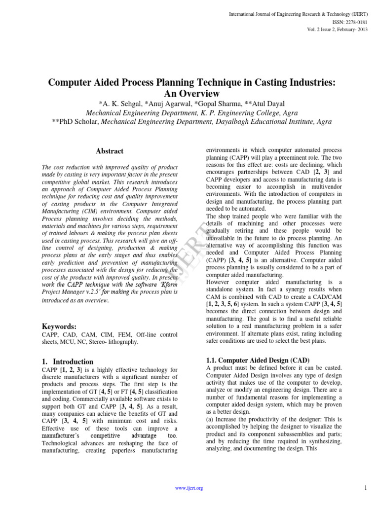 Computer Aided Process Planning Technique in Casting Industries an Overview IJERTV2IS2166 | PDF ...