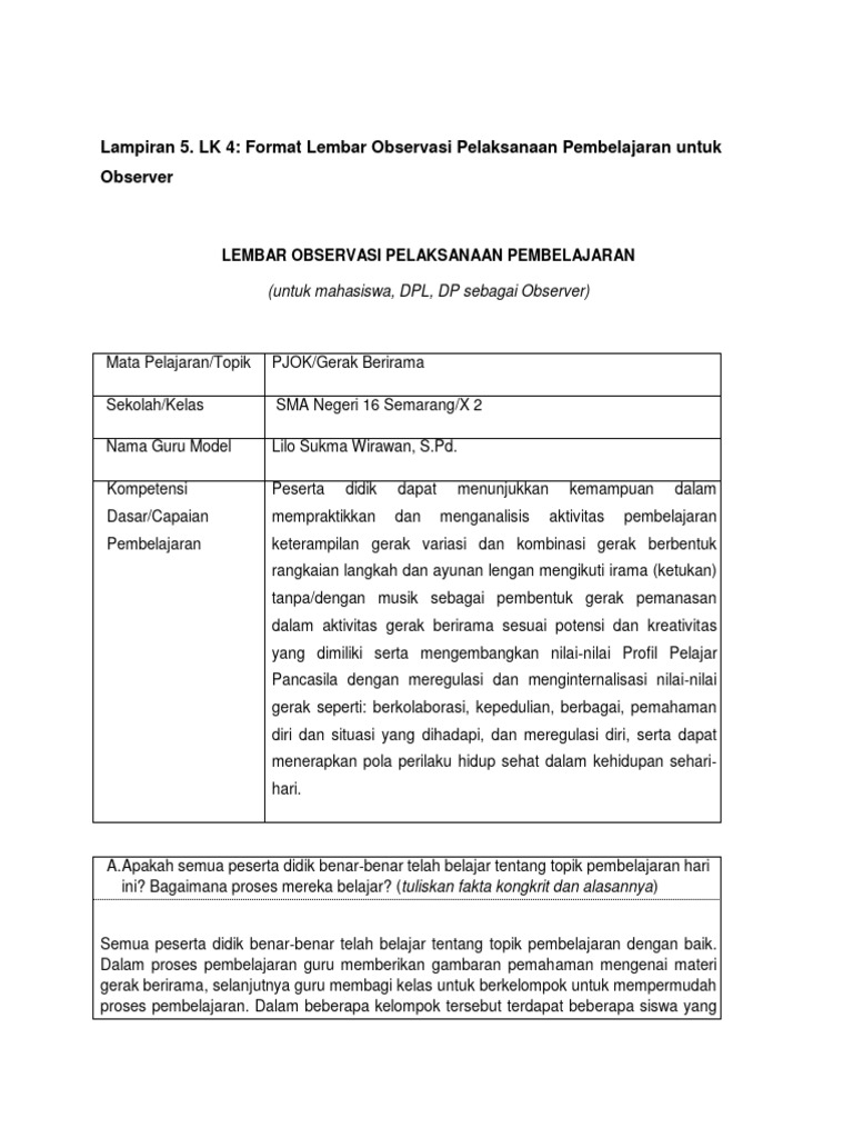 Lampiran 5. LK 4 Format Lembar Observasi Pelaksanaan Pembelajaran uentuk Observer_Siklus 1 ...