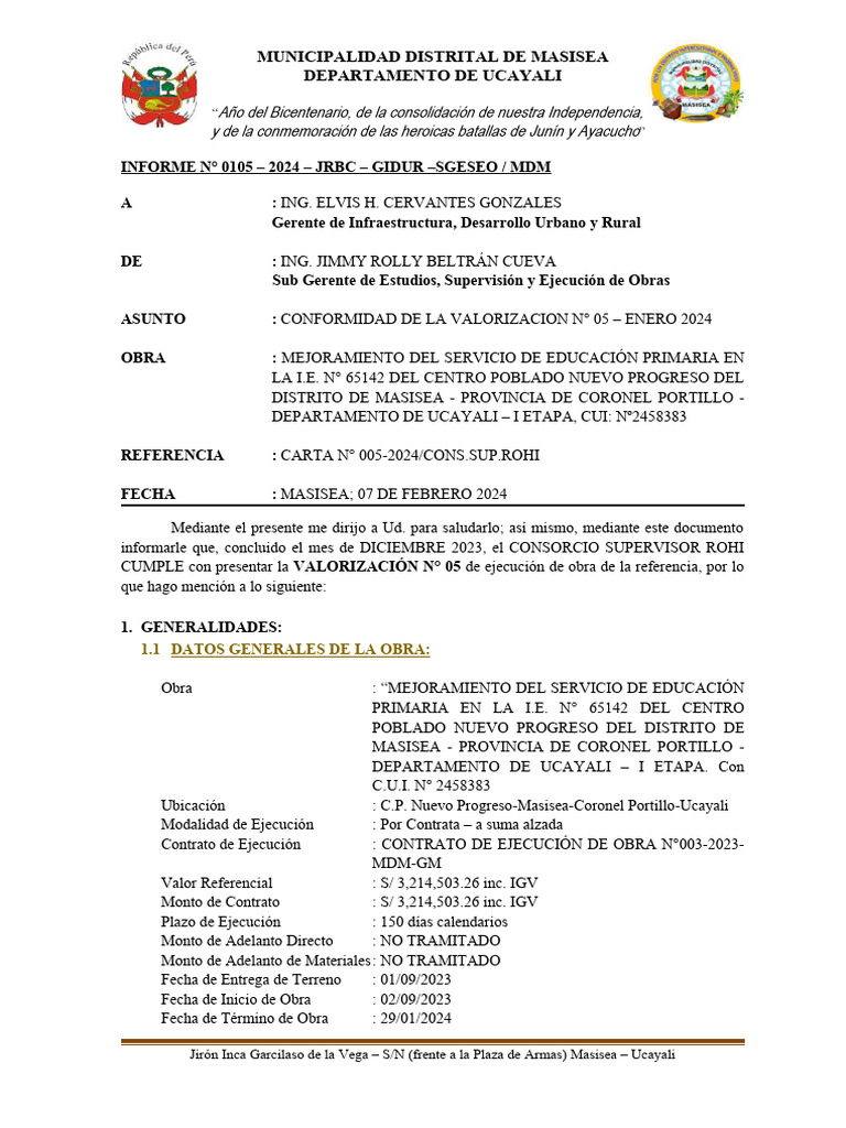 Informe #0105-2024 - Conformidad de Valorizacion #05 - Nuevo Progreso | PDF