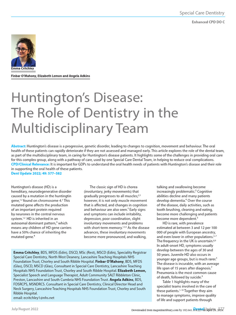 Critchley Et Al 2022 Huntington S Disease The Role of Dentistry in The Multidisciplinary Team ...