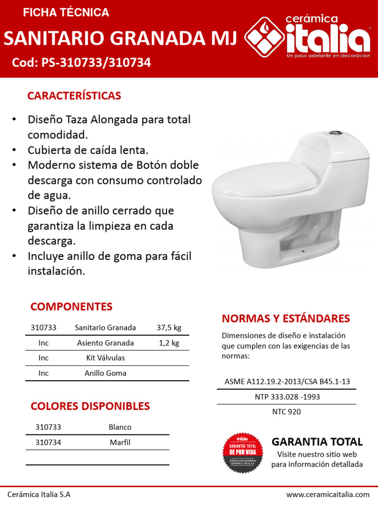 Ficha Tecnica Sanitario Granada MJ | PDF